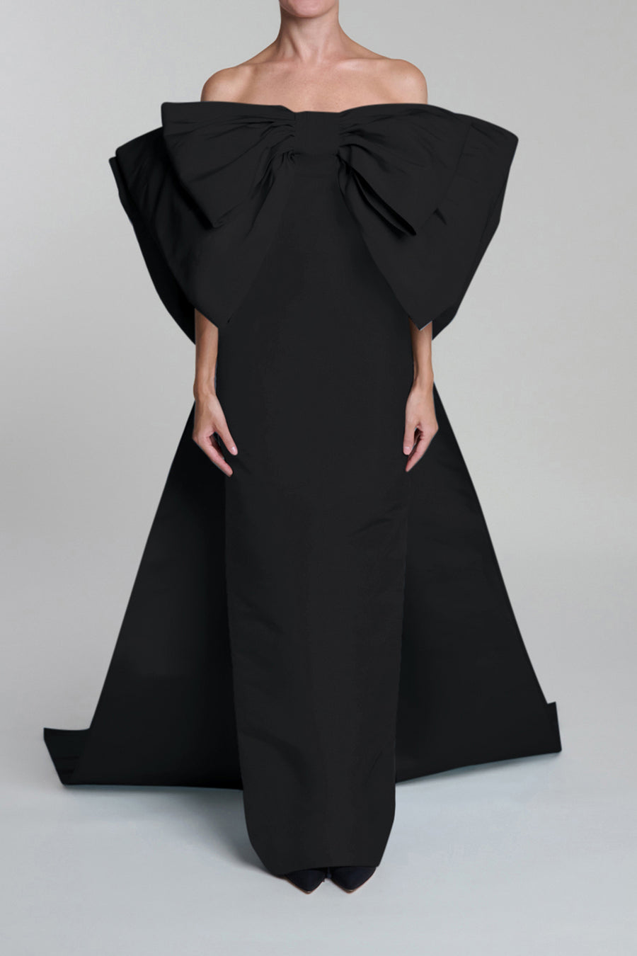 Anniversary Off-The-Shoulder Double Bow Silk Faille Column Gown with D ...